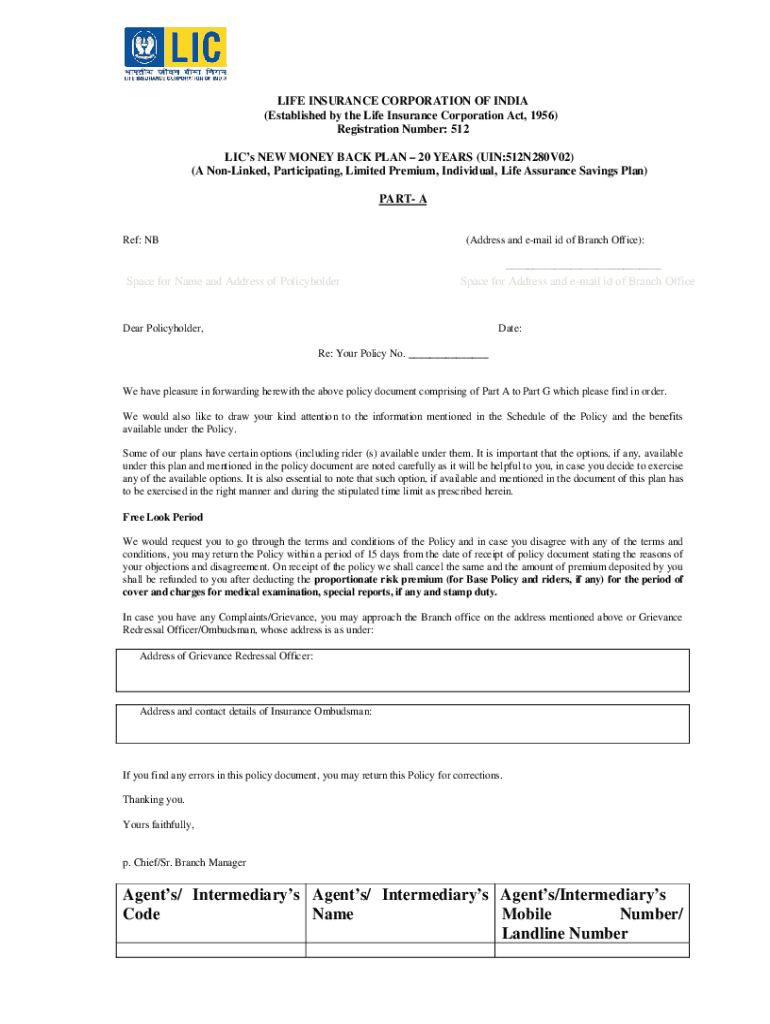 Fillable Online LIC's New Money Back Plan-20 Years (Plan No. 920, UIN ...