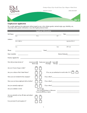 Fillable Online F&M Bank Employment Application Fax Email Print - pdfFiller