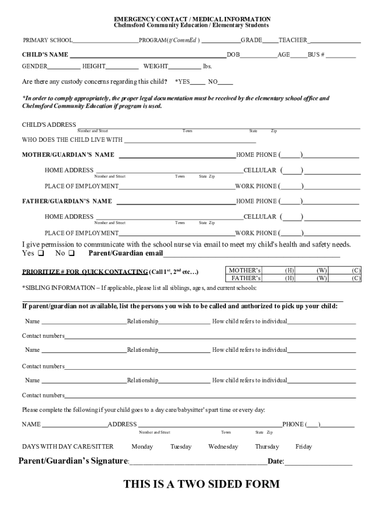 Fillable Online THIS IS A TWO SIDED FORM - Chelmsford Public Schools ...