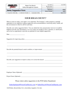 Fillable Online Employee Safety Suggestion or Report of Hazard Form Fax ...
