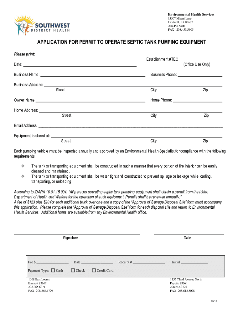 Fillable Online APPLICATION FOR PERMIT TO OPERATE SEPTIC TANK ... Fax ...