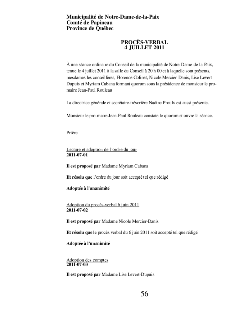 Remplissable En Ligne PROCS-VERBAL - Municipalit de Notre-Dame-de-la-Paix Fax Email Imprimer ...