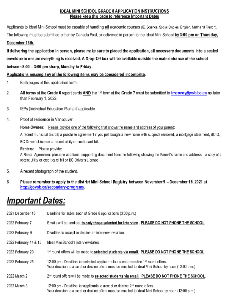 Fillable Online Ideal Mini School Grade 8 Application Instructions Fax ...