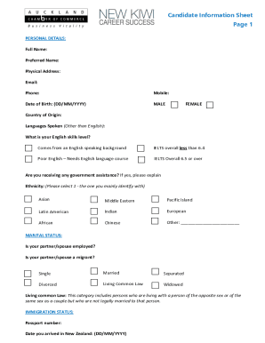 Fillable Online Candidate Information Sheet Page 1 - New Kiwis Fax Email Print - pdfFiller