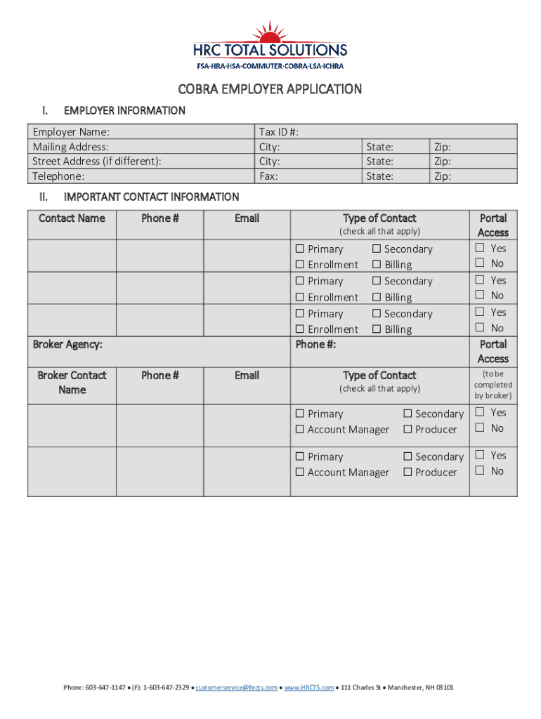 Fillable Online COBRA EMPLOYER APPLICATION FORM - beerepurves Fax Email ...