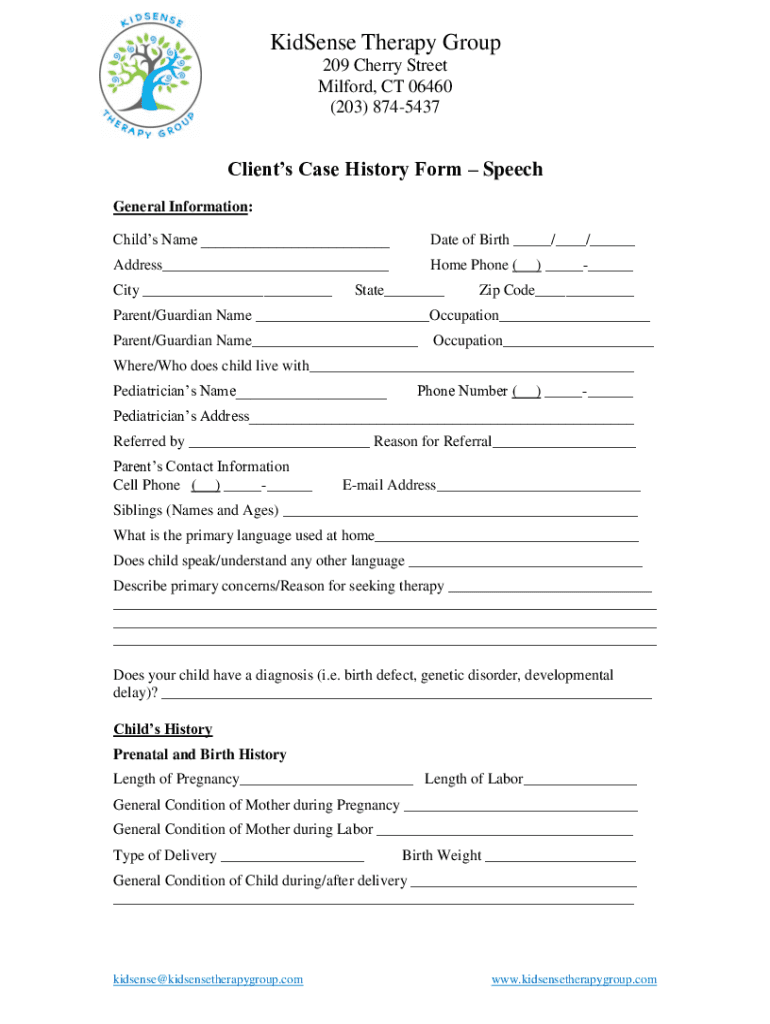 Fillable Online Client's Case History Form- OT/PT - KidSense Therapy ...