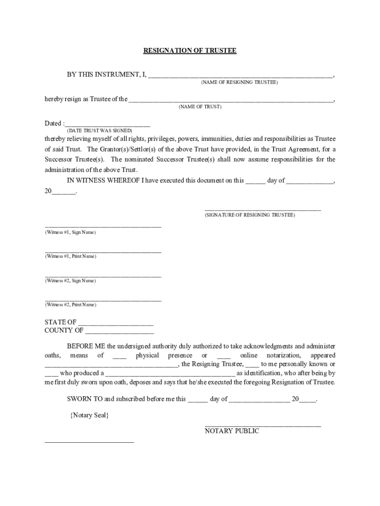 Fillable Online Resignation of Trustee Sample Clauses - Law Insider Fax ...