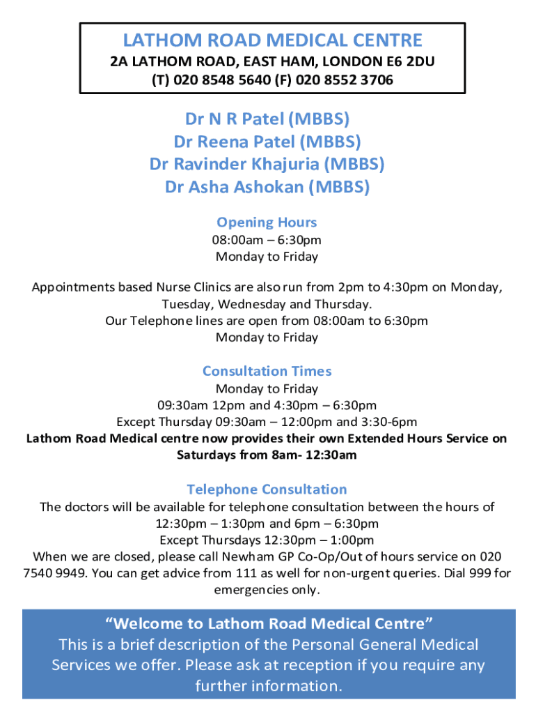 Fillable Online Dr N Patel - Lathom Road Medical Centre, London - Yell ...