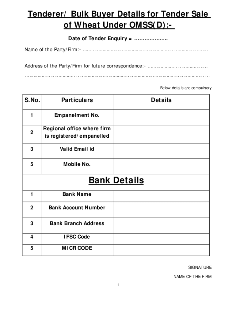 Fillable Online fci gov Bulk Buyer Details for Tender Sale of Wheat ...