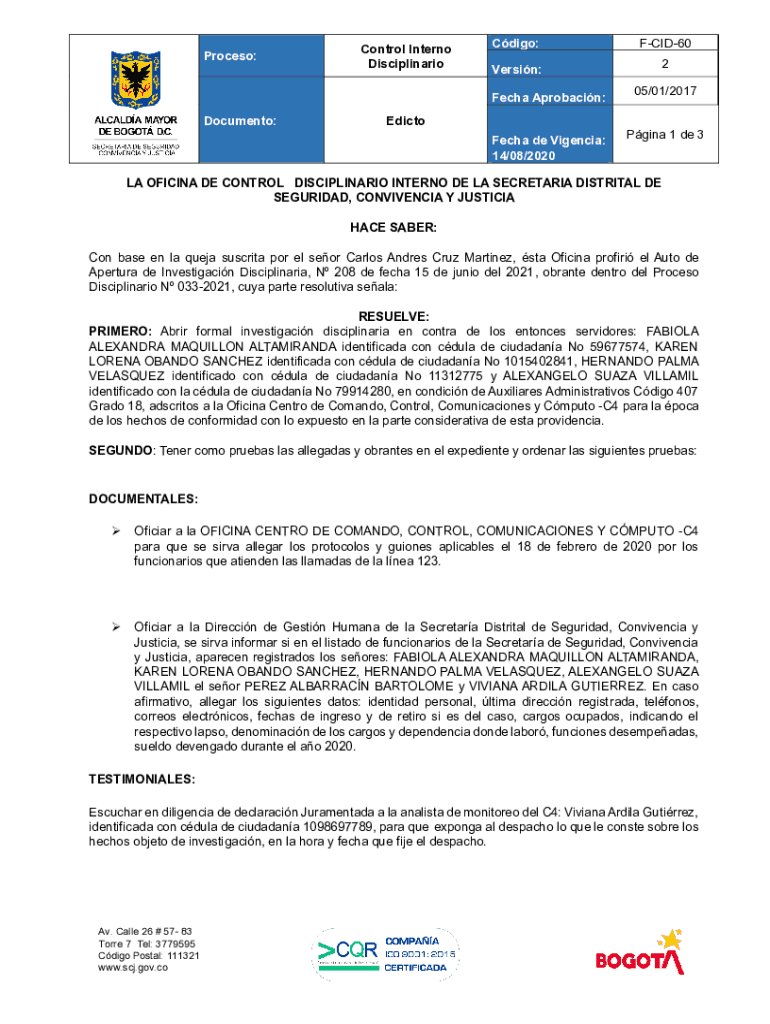 Completable En línea Proceso: Control Interno Disciplinario Cdigo: F-CID-60 Versin Fax Email ...