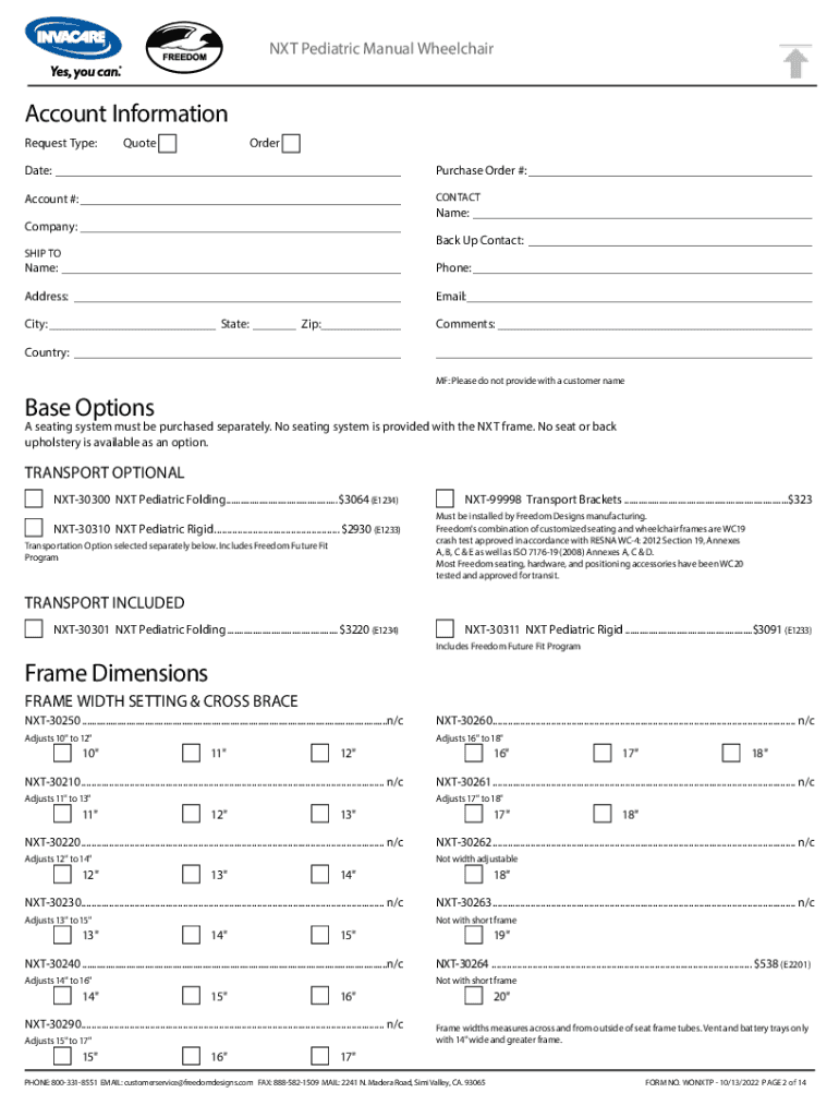Fillable Online Freedom Designs NXT Manual Wheelchair - Invacare Rehab ...