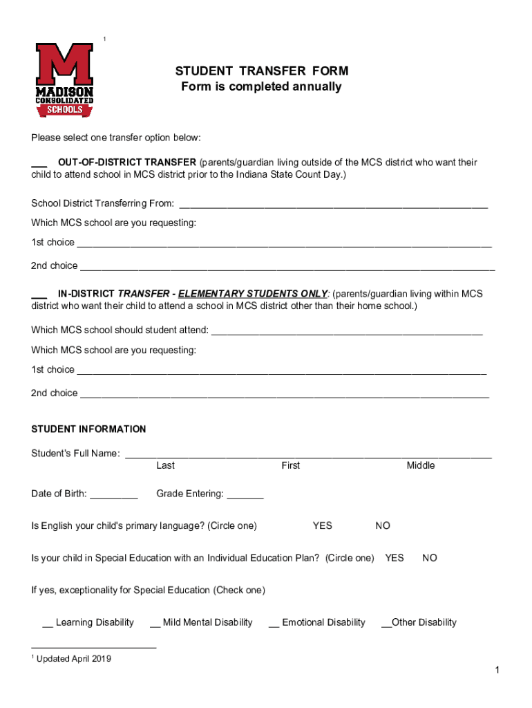 Fillable Online STUDENT TRANSFER FORM Form is completed annually Fax ...
