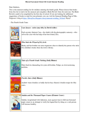 Fillable Online 4th Grade Summer Reading List - Sacred Heart School Fax ...