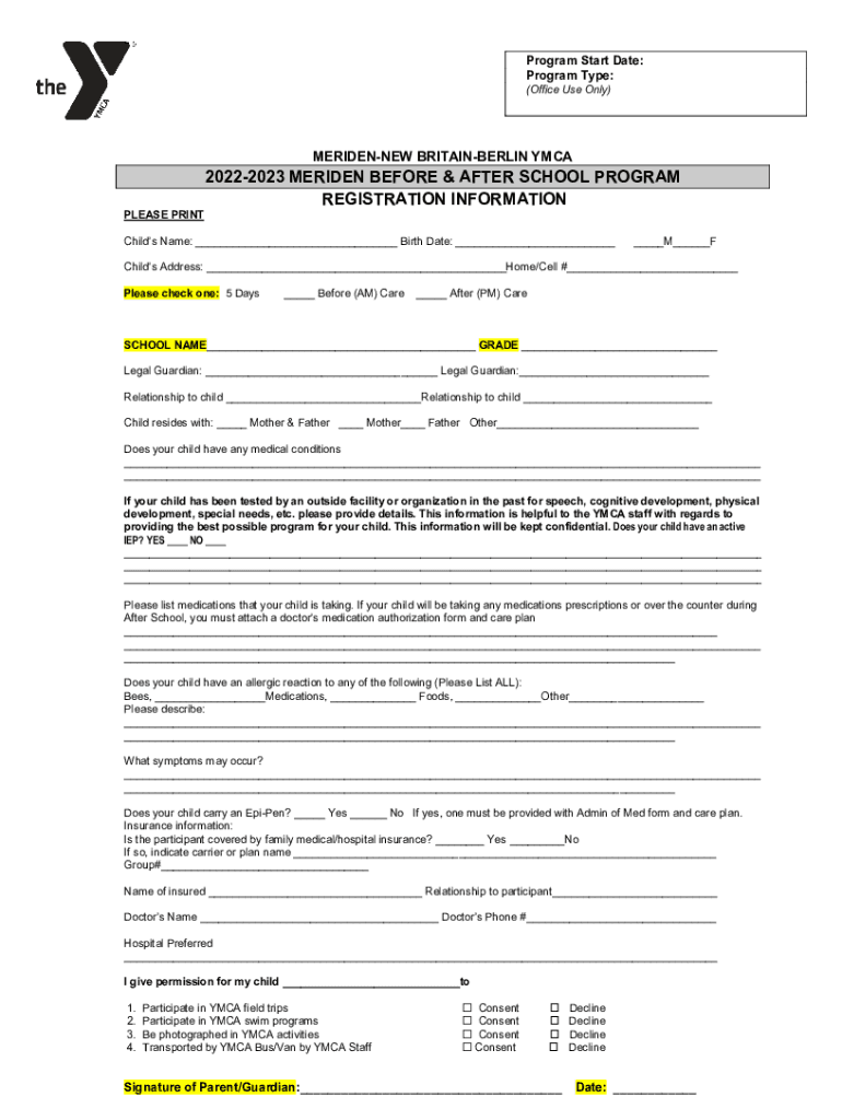 Fillable Online 2022-2023 Meriden YMCA Before and After School Care Registration Packet Fax ...