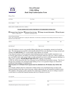Fillable Online City of Decatur Utility Billing Bank Draft ...