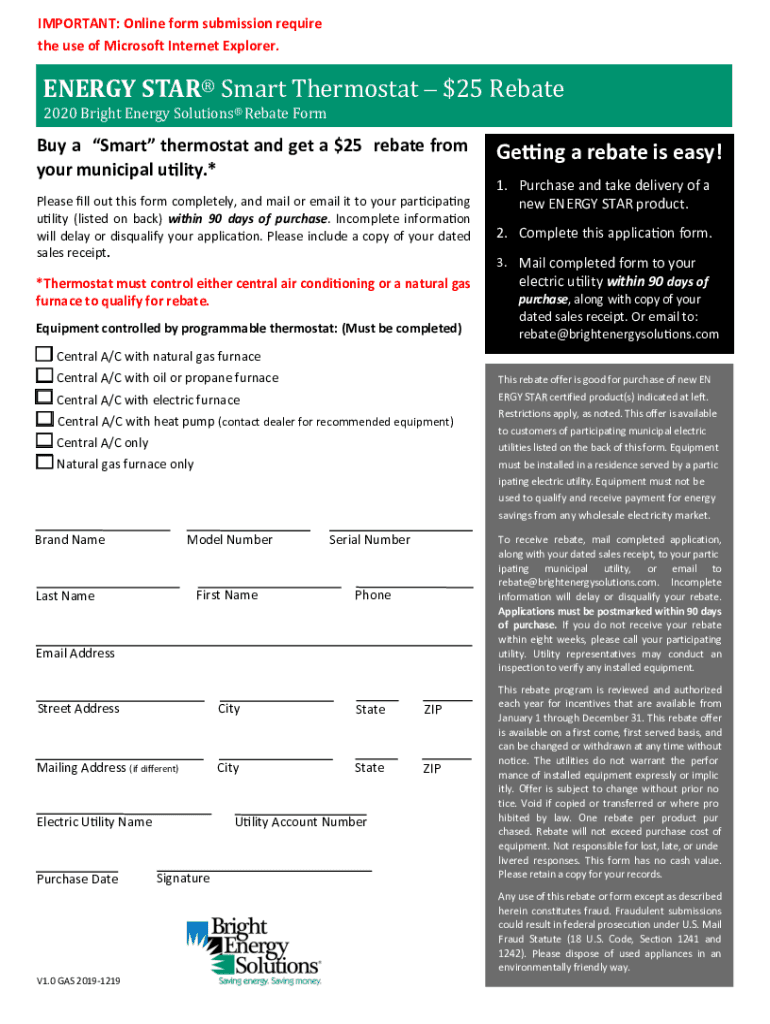 Fillable Online ENERGY STAR Smart Thermostat - Bright Energy Solutions ...