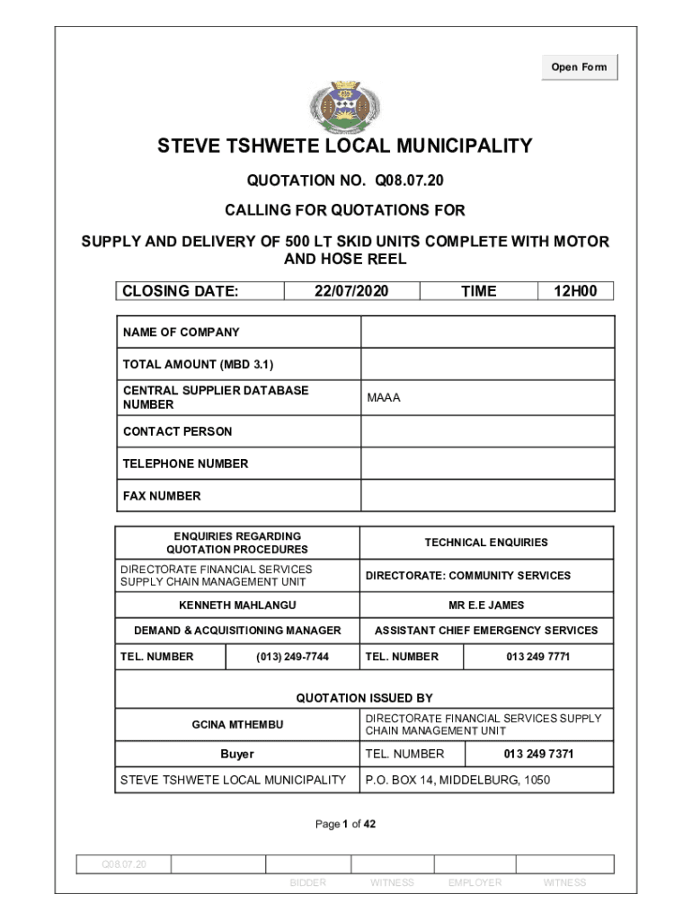 Fillable Online SUPPLY AND DELIVERY OF 500 LT SKID UNITS COMPLETE WITH MOTOR AND HOSE REEL NEW ...