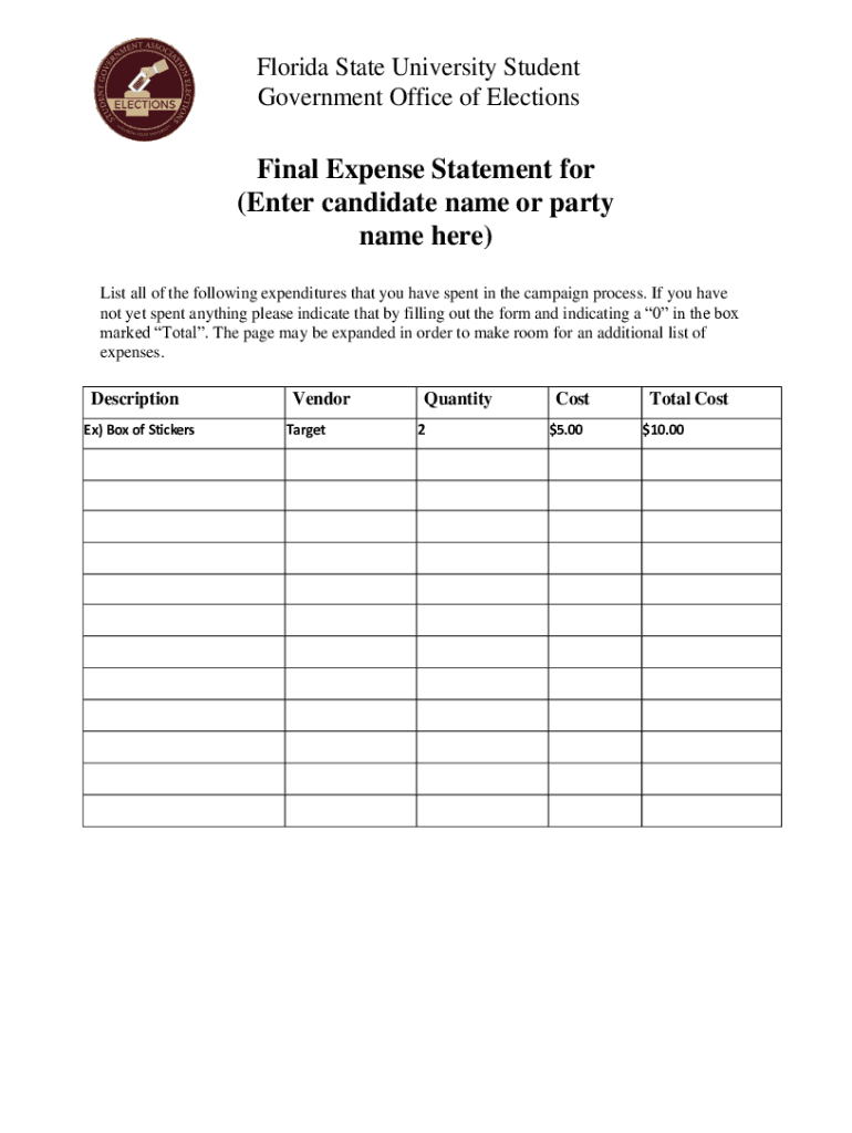 Fillable Online Fillable Online sga fsu FINAL EXPENSE STATEMENT ... Fax ...