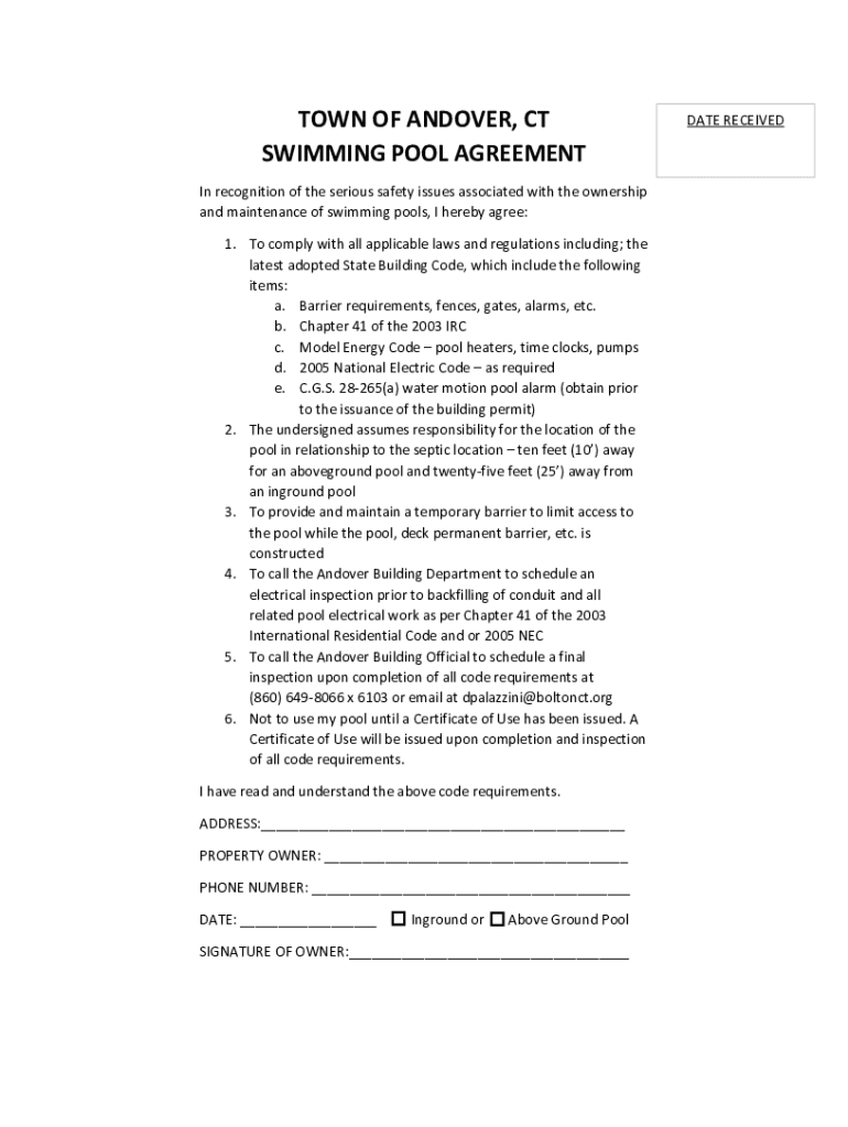Fillable Online TOWN OF ANDOVER, CT SWIMMING POOL AGREEMENT Fax Email ...