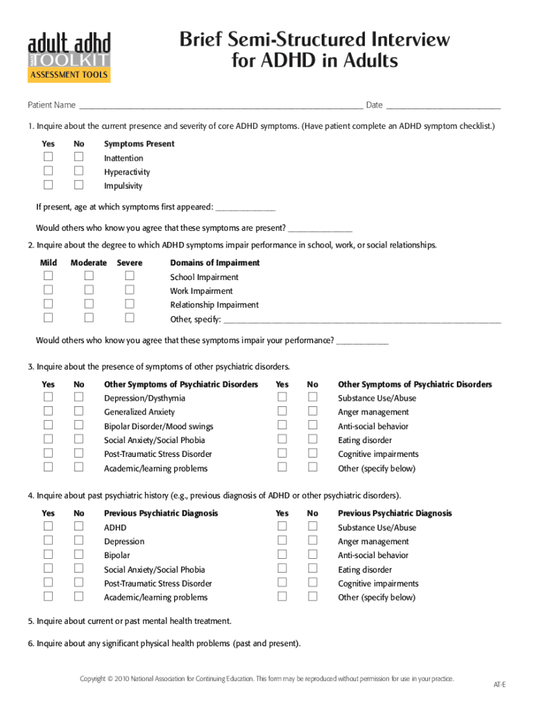 Fillable Online A diagnostic interview of ADHD in adults - Psychology ...