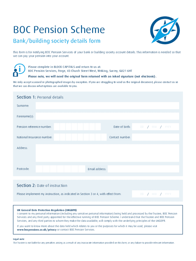 Fillable Online BOC Pension Scheme - Bank/building society details form ...