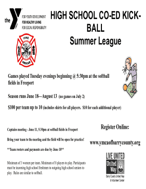 Fillable Online HIGH SCHOOL CO-ED KICK- BALL Summer League Fax Email ...