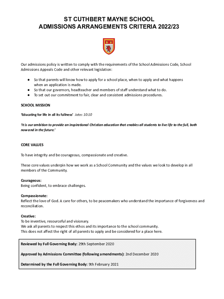 Fillable Online Admissions Criteria 2022-23 St Cuthbert Mayne School ...