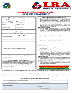Fillable Online CUSTOMS DECLARATION FORM - Liberia Revenue Authority ...