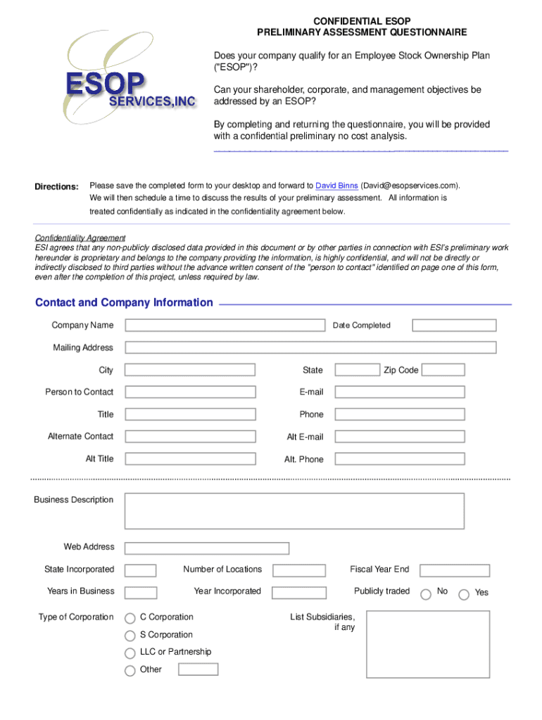 Fillable Online Preliminary Assessment Questionnaire - ESOP Services, Inc. Fax Email Print ...