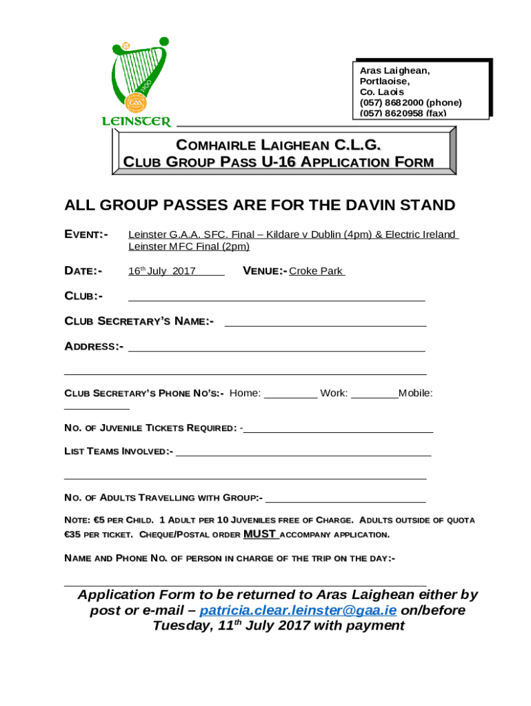 group passes are for the davin stand - Leinster GAA Doc Template ...