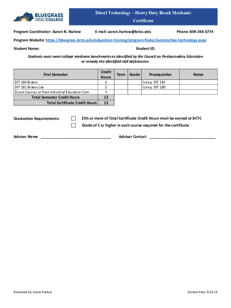 Fillable Online Diesel TechnologyHeavy Duty Break Mechanic Certificate ...