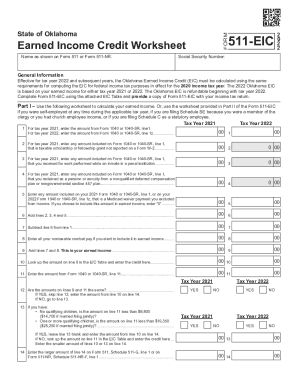 Fillable Online 2022 Form 511-EIC Earned Income Credit Worksheet Fax ...