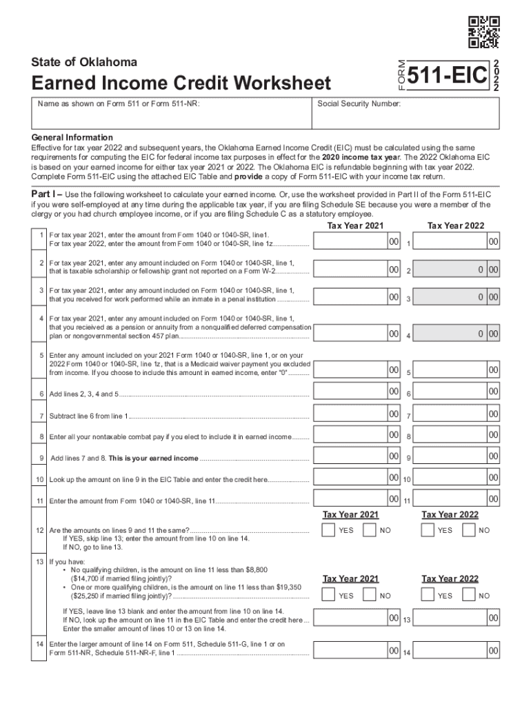 Fillable Online 2022 Form 511-EIC Earned Income Credit Worksheet Fax ...