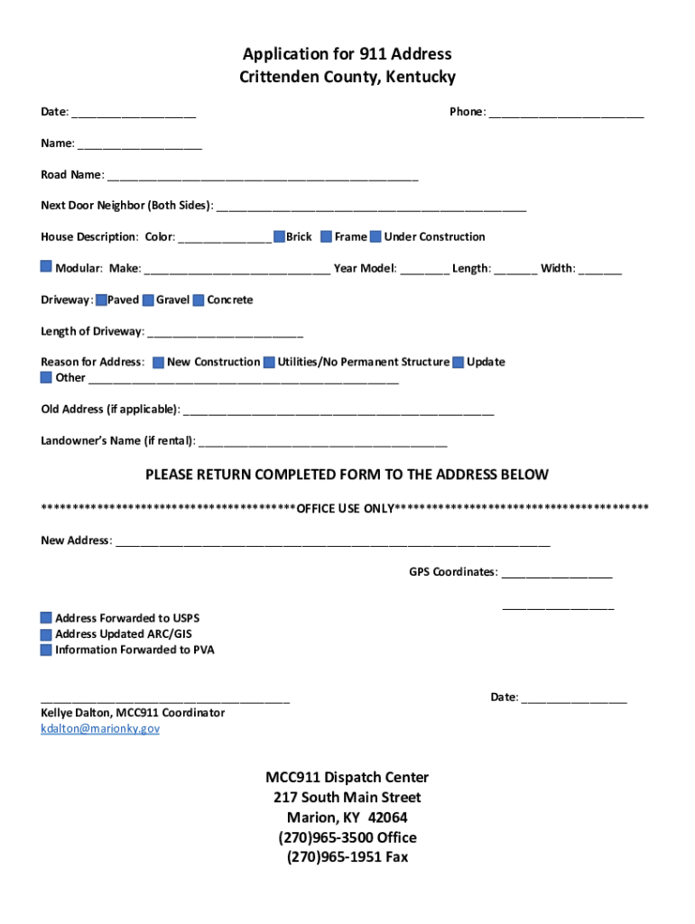 Fillable Online 911 Street Address Request Form - Trimble County Fax ...
