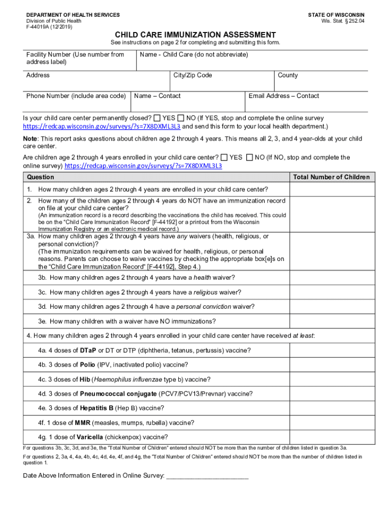 Fillable Online dhs wisconsin child care immunization assessment Fax ...