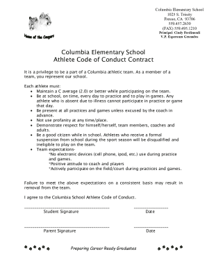 Fillable Online Columbia Elementary School Athlete Code of Conduct ...