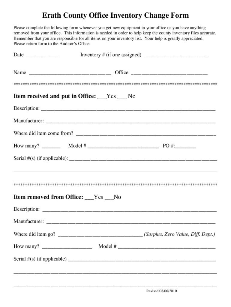 Fillable Online Erath County Office Inventory Change Form Fax Email ...