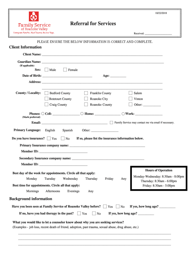 Fillable Online Client Intake Forms - Family Service of Roanoke Valley ...