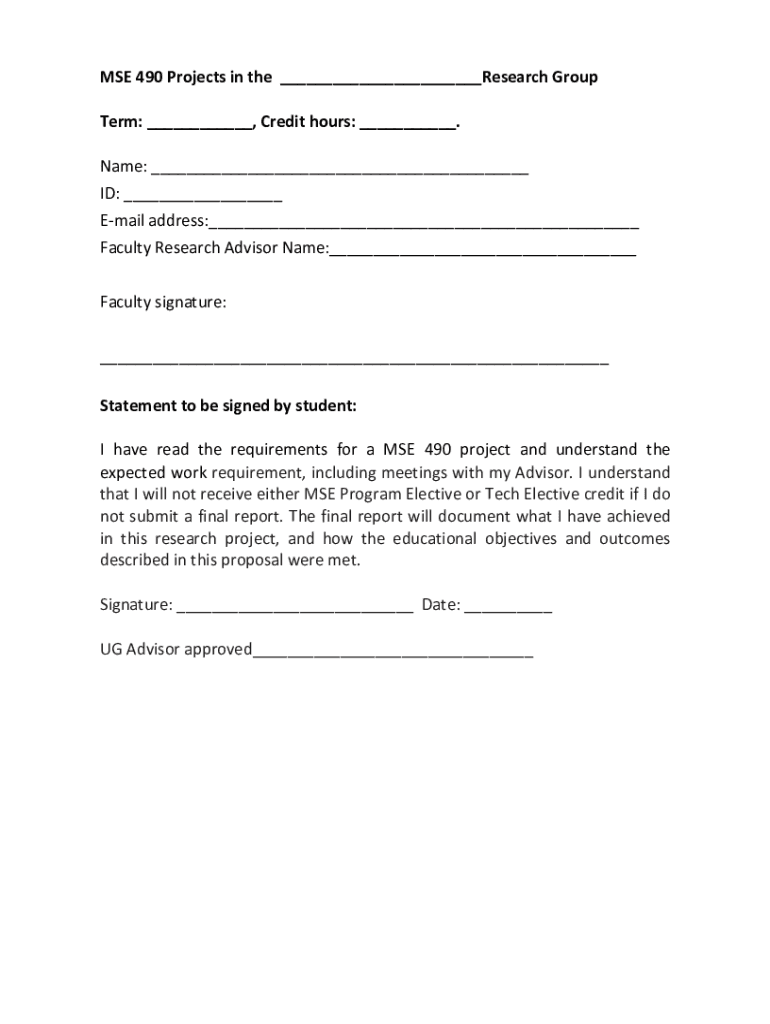Fillable Online mse engin umich MSE 499 Independent Research Request ...