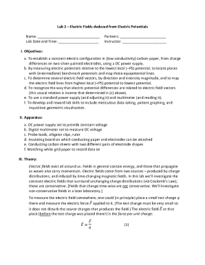 Fillable Online Lab 1 Electric Field and Potential - Physics II Laboratory... Fax Email Print ...