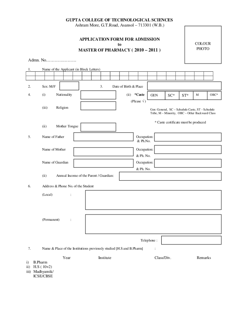 Fillable Online 713301 (W.B.) APPLICATION FORM FOR ADMISSION to MAST ...