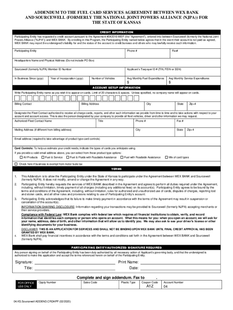Fillable Online state of kansas addendum to the fuel card services ...