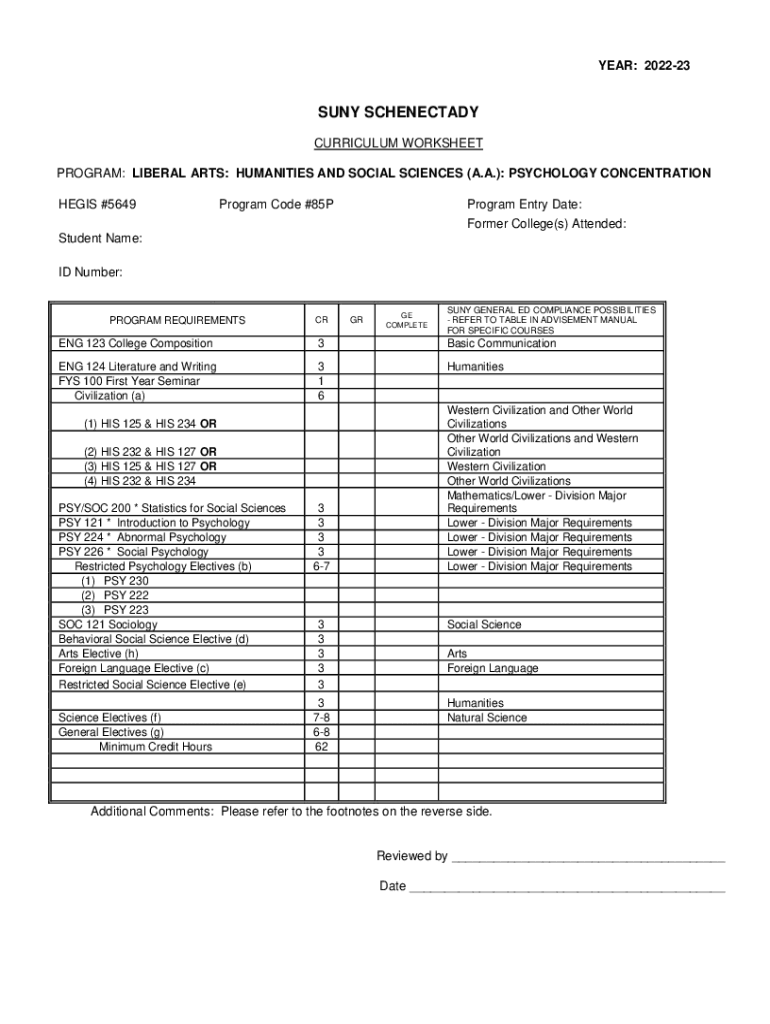 Fillable Online 22-23 Liberal Arts A.A. Psychology Concentration curriculum worksheet. 22-23 ...