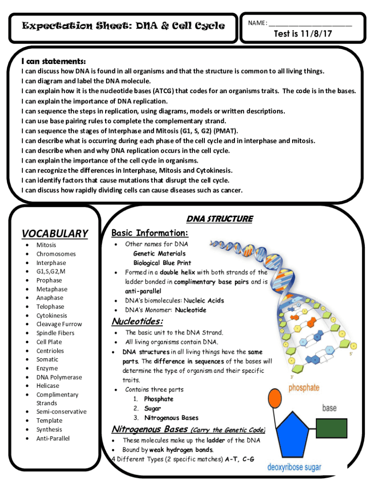 Fillable Online Expectation Sheet - DNA & Cell Cycle - Biology by ...