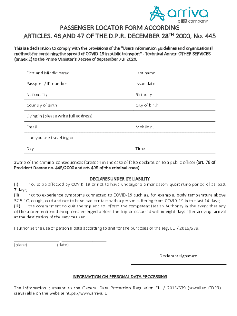 Fillable Online New formal statement to the purpose of entry in Italy ...