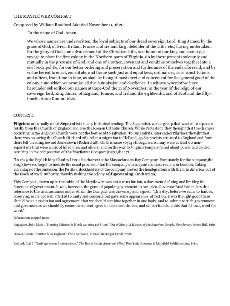 Fillable Online The Mayflower Compact: The first governing document of ...