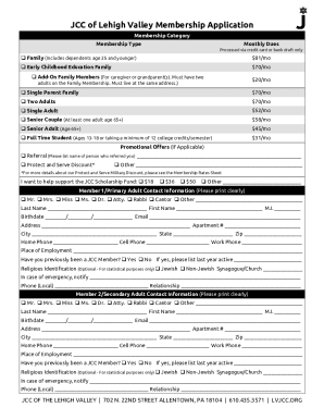 Fillable Online JCC of Lehigh Valley Membership Application Fax Email ...