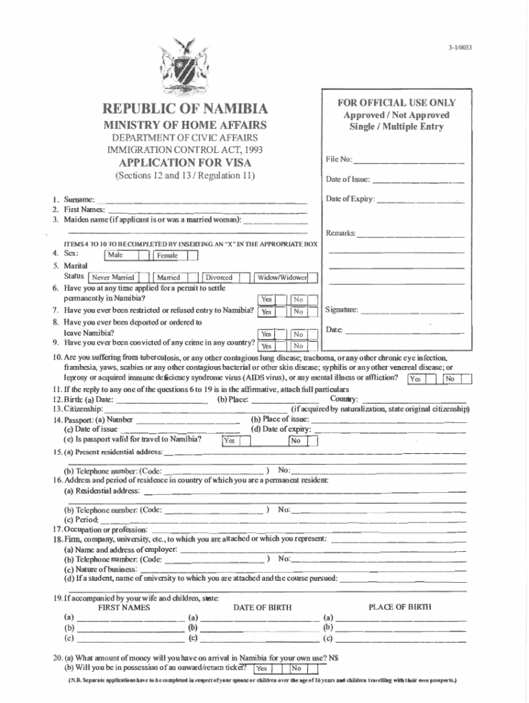 Fillable Online namibia visa form - Embassy of Namibia Fax Email Print ...