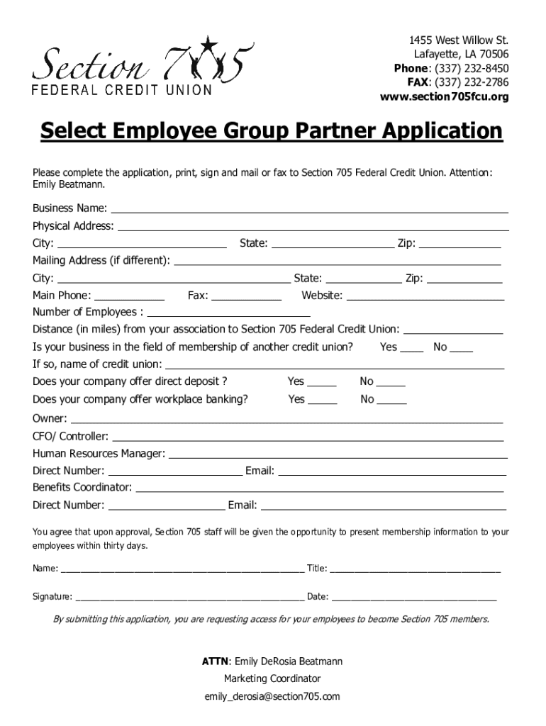 Fillable Online Select Employee Group Partner Application - 705 FCU Fax Email Print - pdfFiller