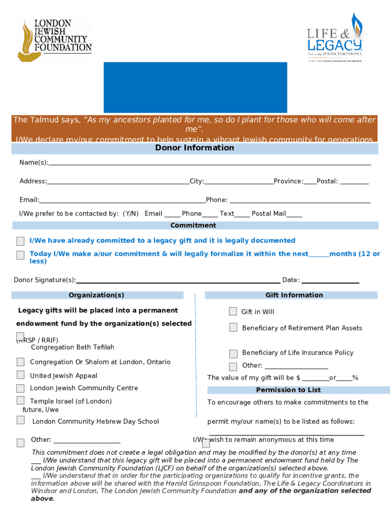 Legacy Giving Confidential Statement of Intent Contact ... Doc Template | pdfFiller